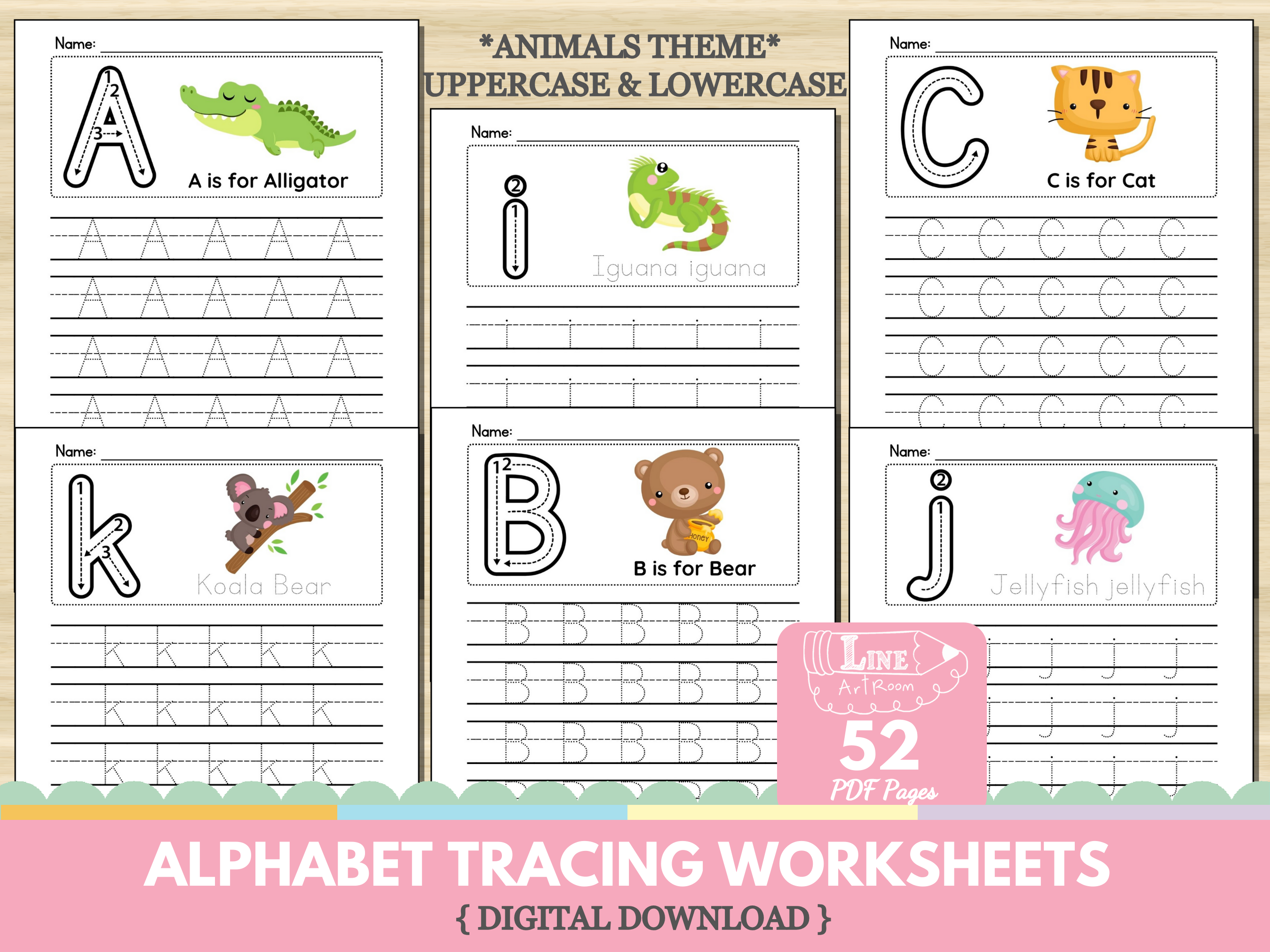 Animals Theme Traceable Alphabet Letters Preschool Learning Worksheets ...