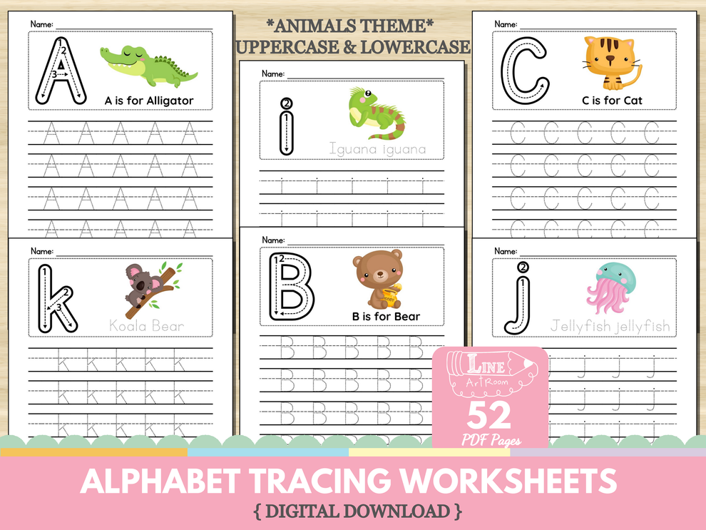 Animals Theme Traceable Alphabet Letters Preschool Learning Worksheets ...